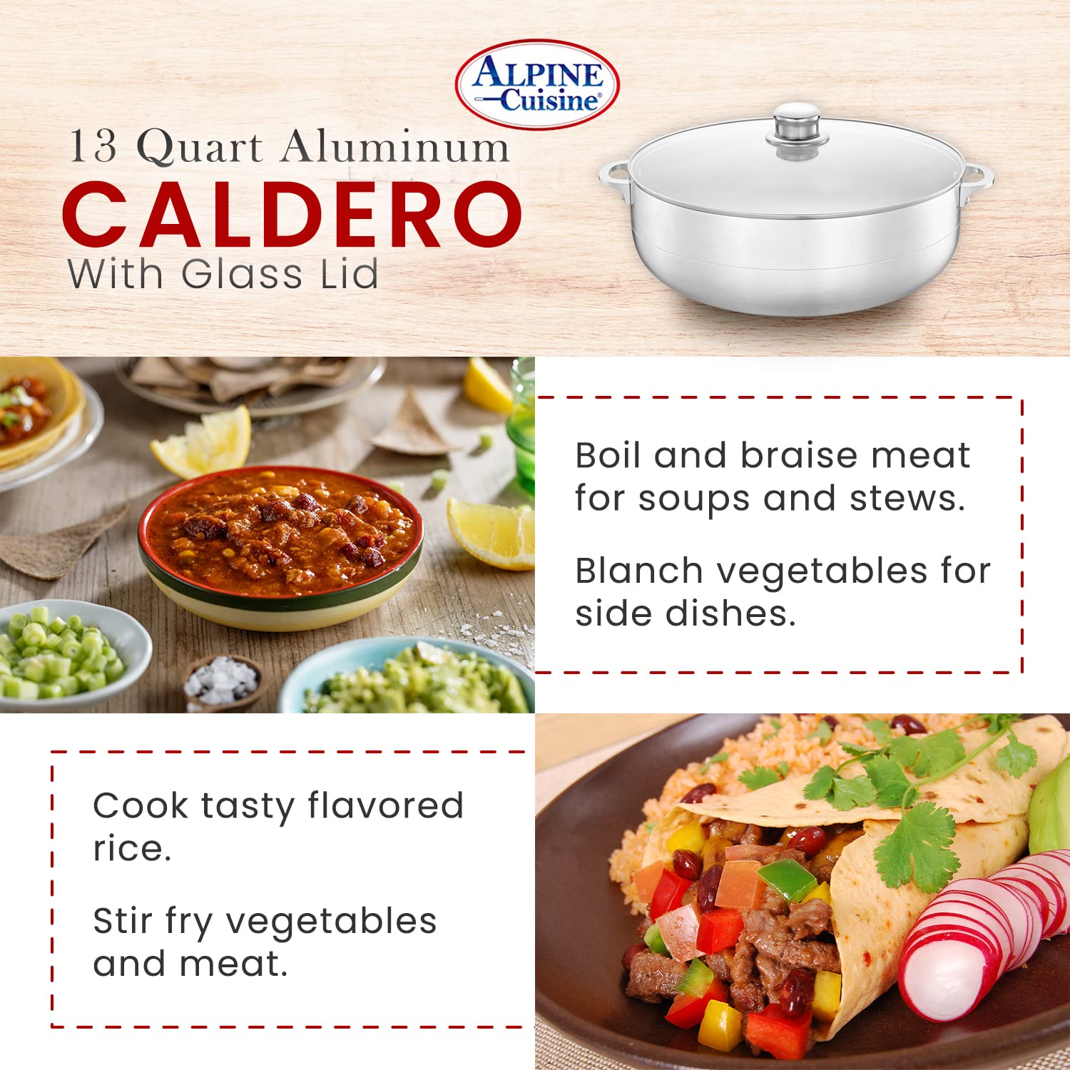 Alpine Cuisine 13-Quart Aluminum Caldero Stock Pot with Glass Lid, Cooking Dutch Oven Performance for Even Heat Distribution, Perfect for Serving Large & Small Groups, Riveted Handles Commercial Grade