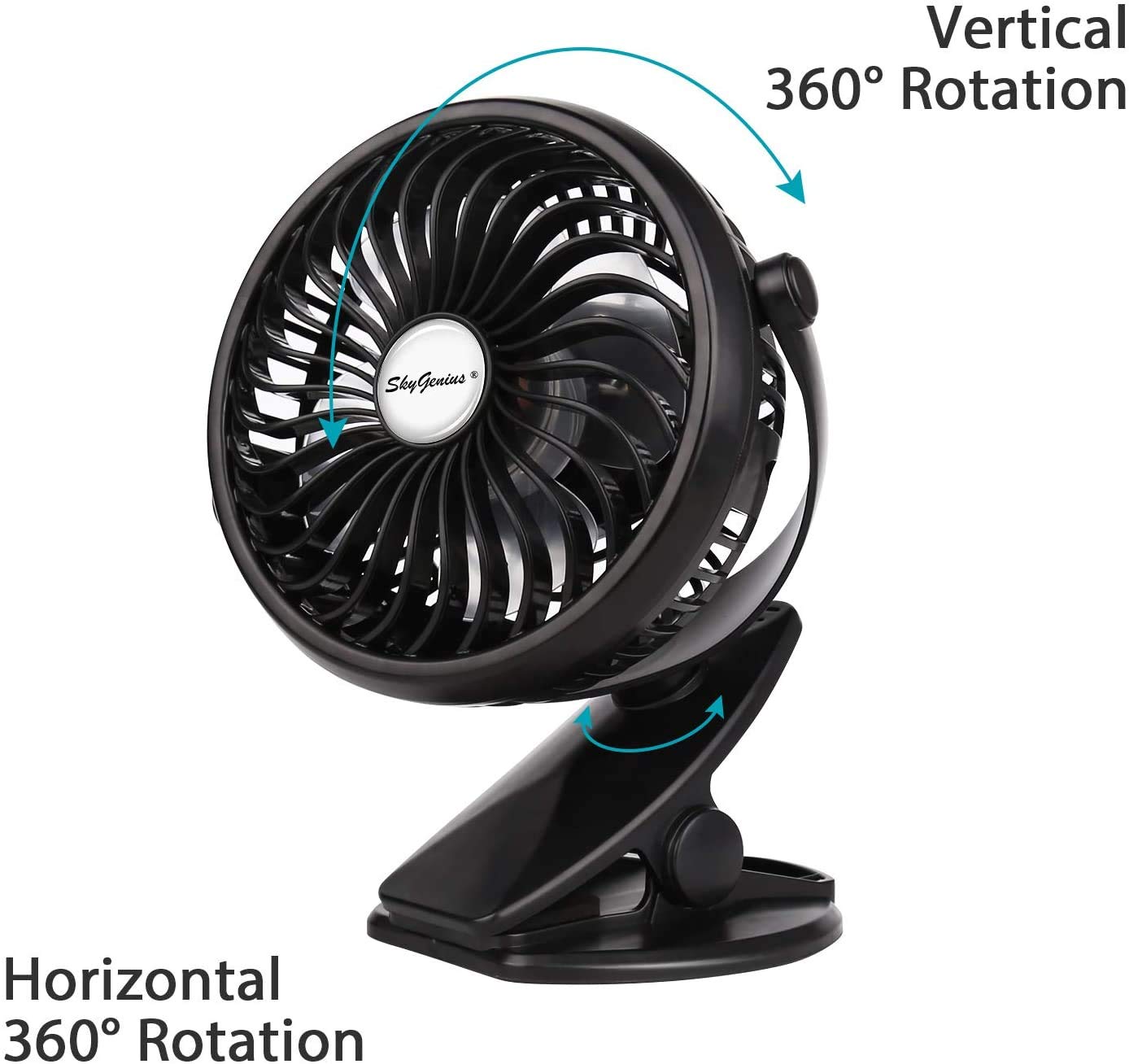 SkyGenius Battery Operated Clip on Stroller Fan, Portable Mini Desk Fan Rechargeable(Black)…