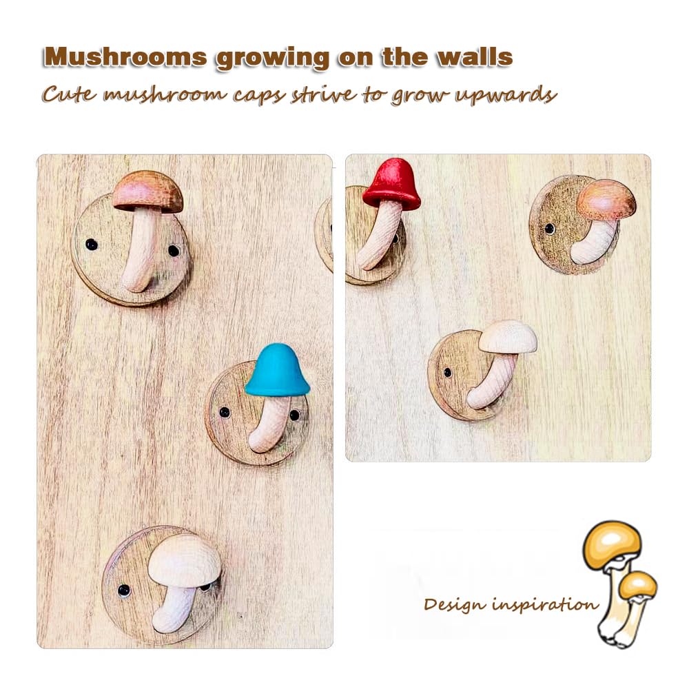 Auntzyj Fun Wooden Mushroom Coat Hook, Non-Perforated Solid Wood Hook,Mushroom Wall Hook Hanger, Kitchen Bathroom Cloakroom Door Towel Hooks (Pack of 4)