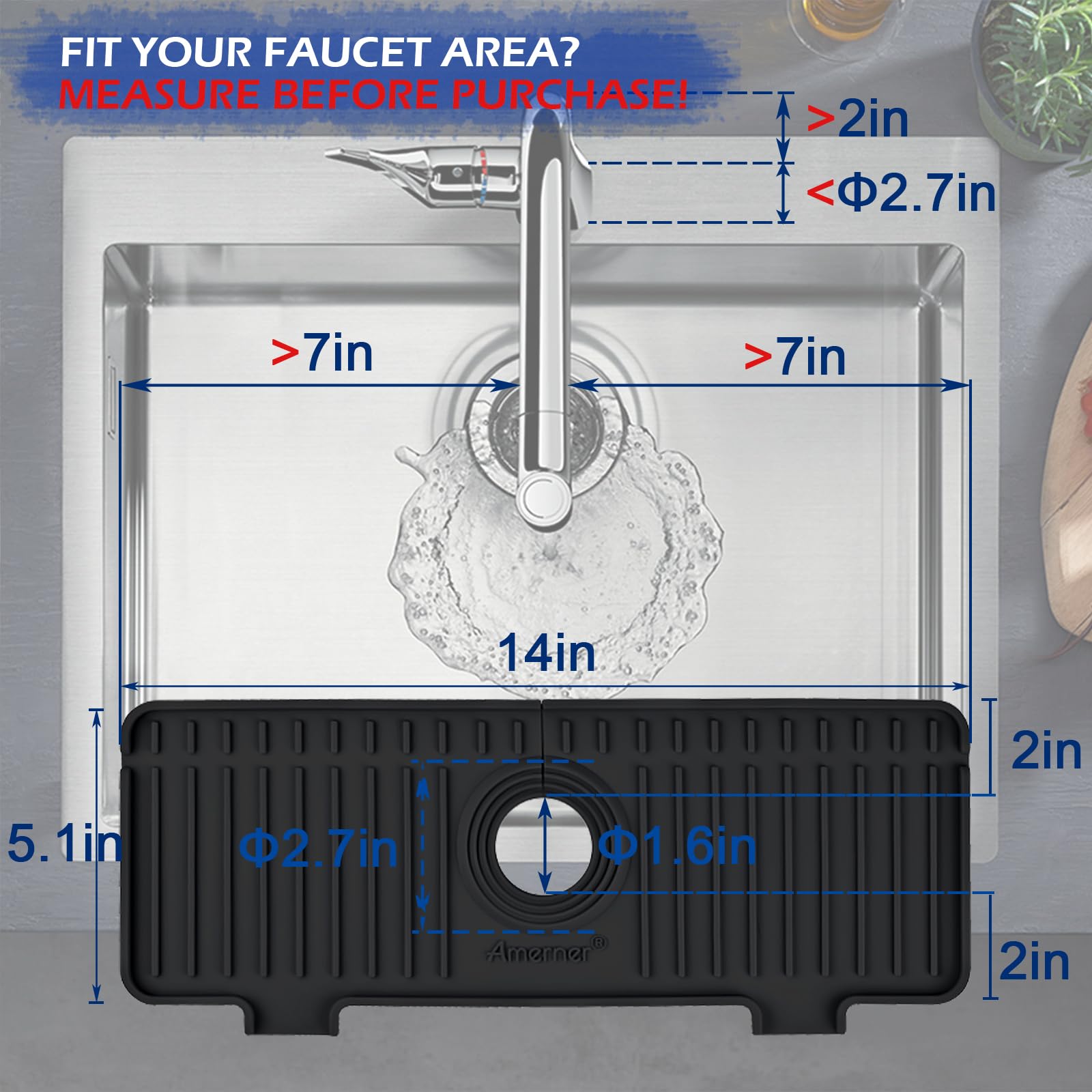 Amerner Kitchen Sink Splash Guard, 10° Large Slope & Adaptable Hole Faucet Mat for Kitchen Sink, Silicone Sink Organizer Sponge Holder for Kitchen, Bathroom, RV, Bar, 14.2” x 5.1”, Black