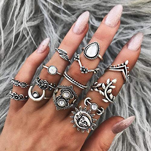 50Pcs Boho Knuckle Rings Set Turquoise Gemstone and Crystal Vintage Stackable Finger Rings Midi Ring for Women Hollow Carved Flowers Gold&Silver Ring Crystal Joint Rings