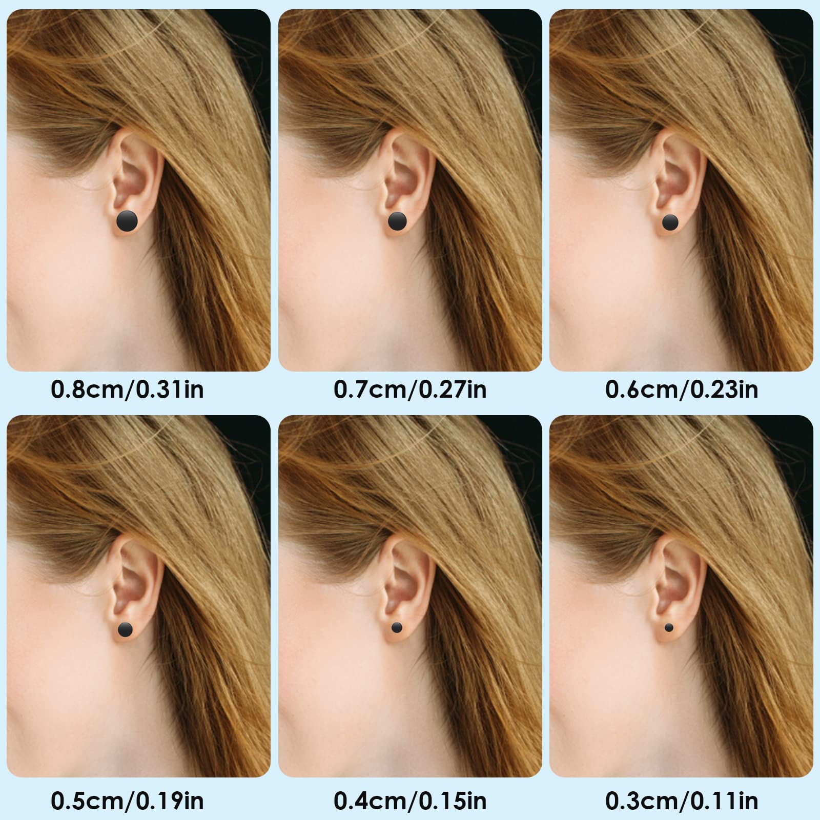 6 Pairs Dot Stud Earrings Unisex Stainless Steel Ear Studs Black Round Flat Top Stud Earrings Set for Women Men (3 mm-8 mm)