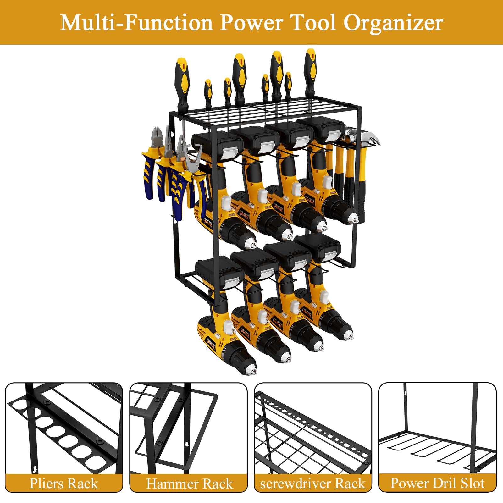 Aunulahca Power Tool Organizer, 8 Drill Holder Storage Rack, 3 Layer Heavy Duty Garage Utility Tool Shelf, Black Metal Tool Rack with Hooks, Screwdriver Hammer Holder for Garage Organization