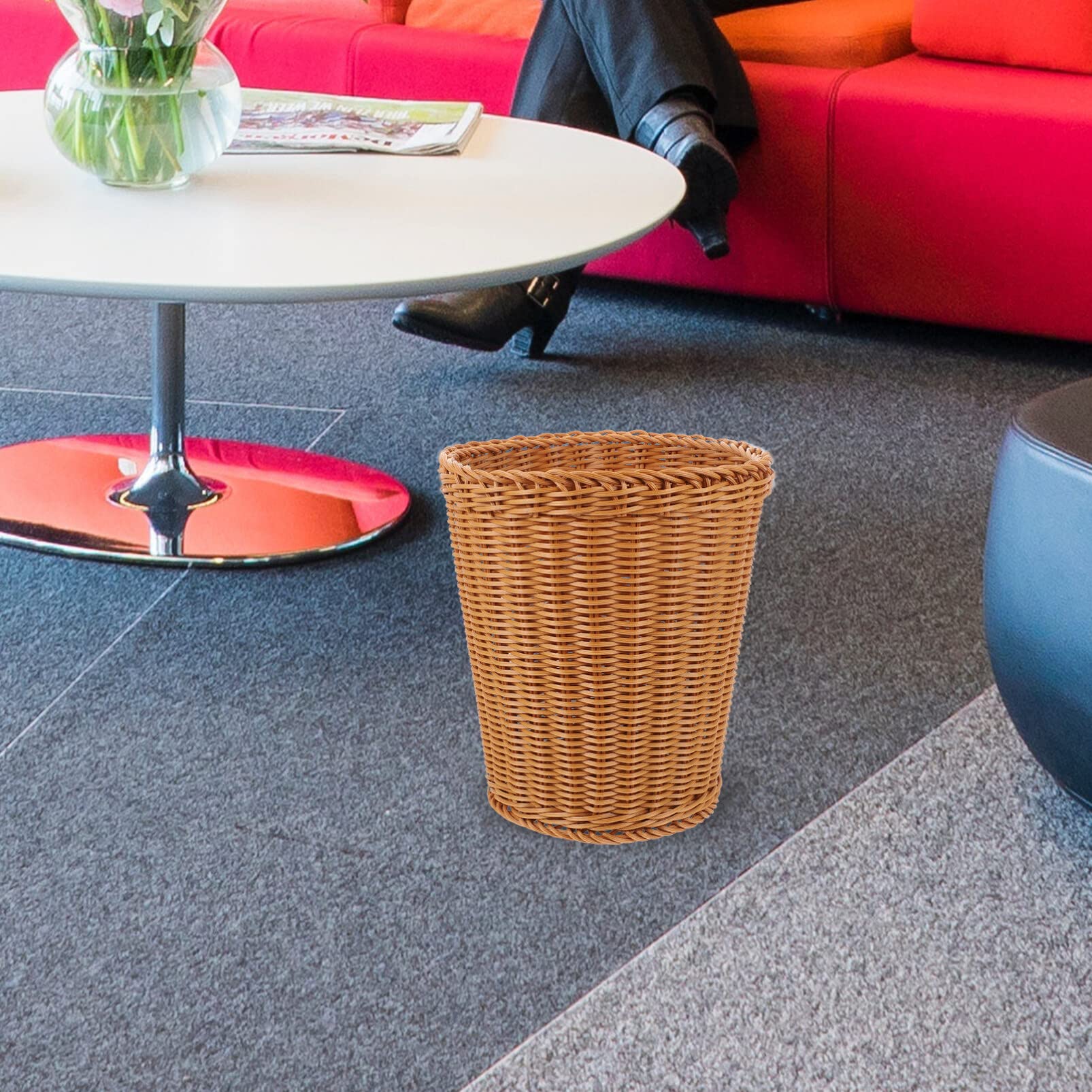 Amosfun Rattan Waste Basket Wicker Trash Can Waste Woven Basket Boho Woven Trash Can Wastepaper Bin Woven Storage Basket Garbage Container for Bathrooms Kitchen
