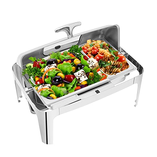 Bacacoo Stainless Steel Roll-Top Chafing Dish, 13.5l Buffet Roll Top Hot Plate Heating Tray with 3 Pots, Buffet Server and Heater for Food Warm Party Wedding Buffet Warm Plate