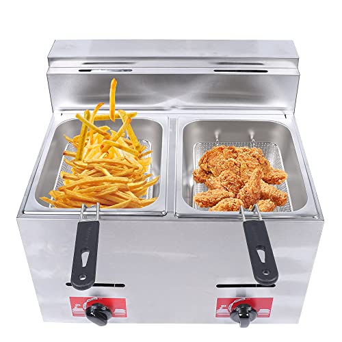 Commercial Deep Fryer, Stainless Steel Gas Deep Fryer Countertop with 10L 2 Baskets and Lid Gas Deep Fryer Propane LPG Deep Fryer