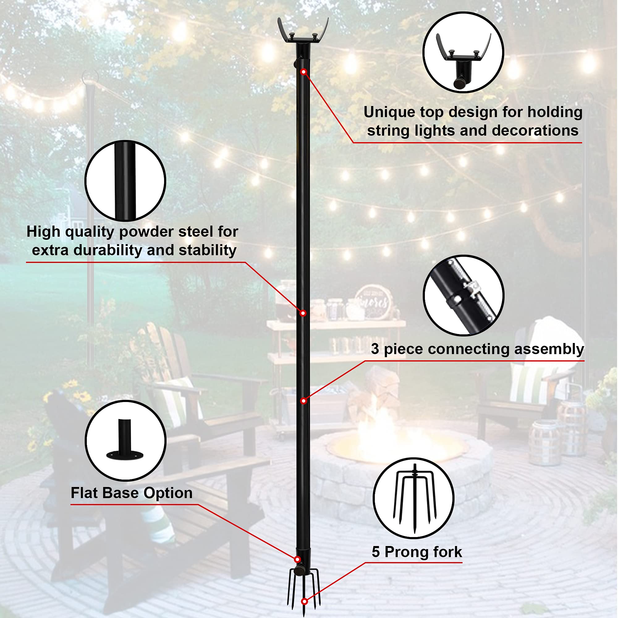 APEX LIFE String Light Poles for Outdoor Deck or Patio | 2 Pack 9FT | Black Powdered Steel Pole for Lights 5-Prong + Flat Base Options | Great for Wedding Garden Cafe Party Backyard