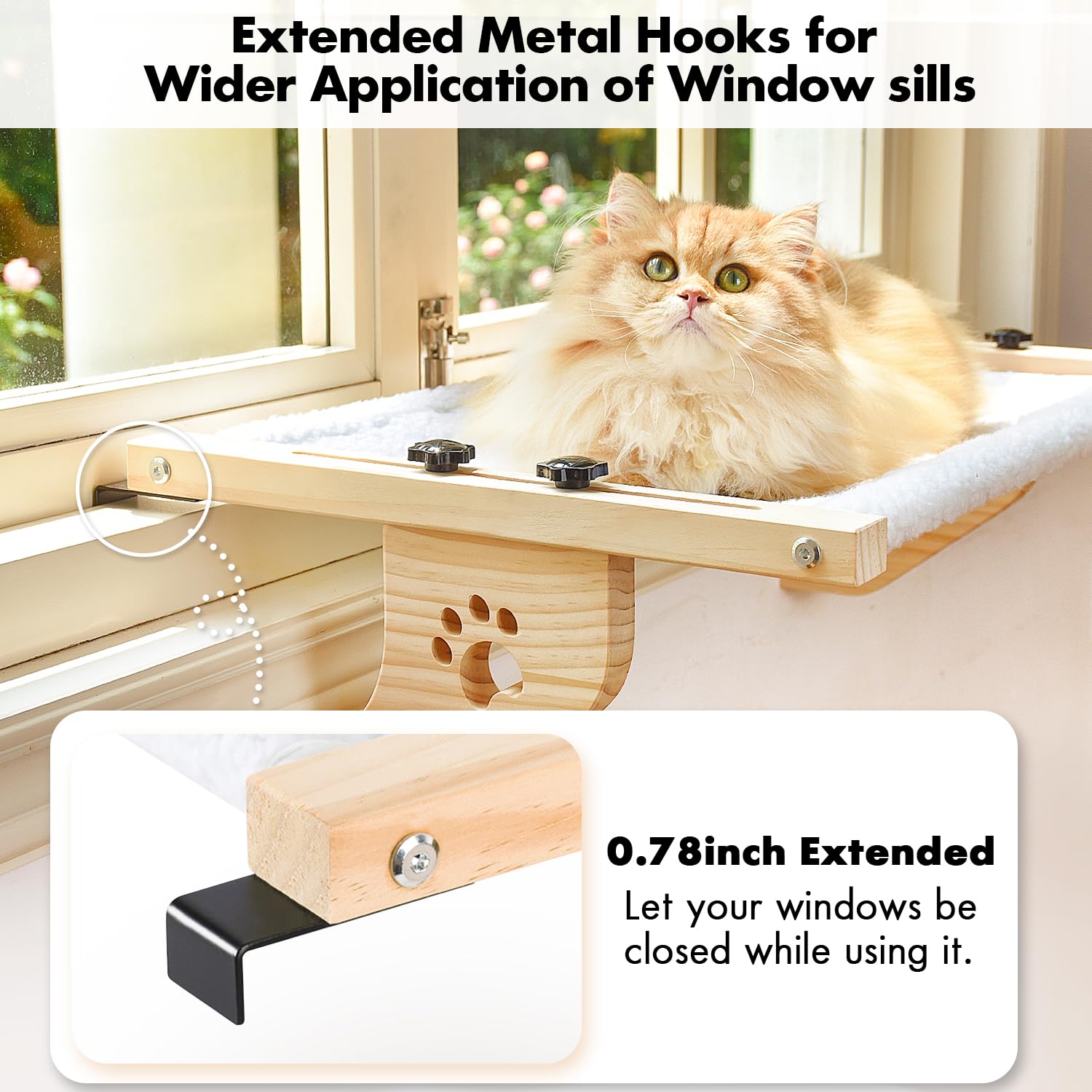 AMOSIJOY Cat Sill Window Perch Sturdy Cat Hammock Window Seat with Wood & Metal Frame for Large Cats, Easy to Adjust Cat Bed for Windowsill, Bedside, Drawer and Cabinet