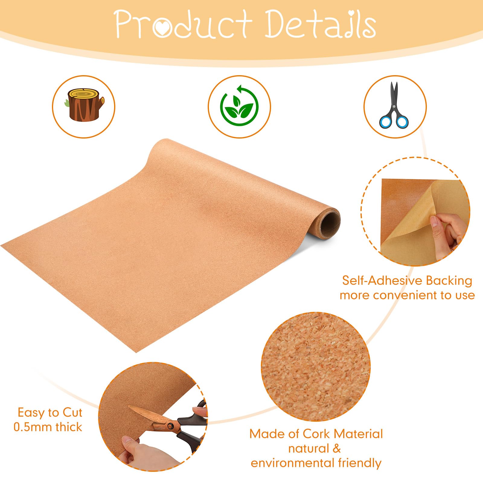8 Pack Self Adhesive Cork Roll 18 x 47 Inches Long Cork Roll Bulk 0.5 mm Thick Cork Backing Sheets Drawer Shelf Liner for Coaster, Wall Decoration, DIY Crafting, Halloween Party, Door Signs