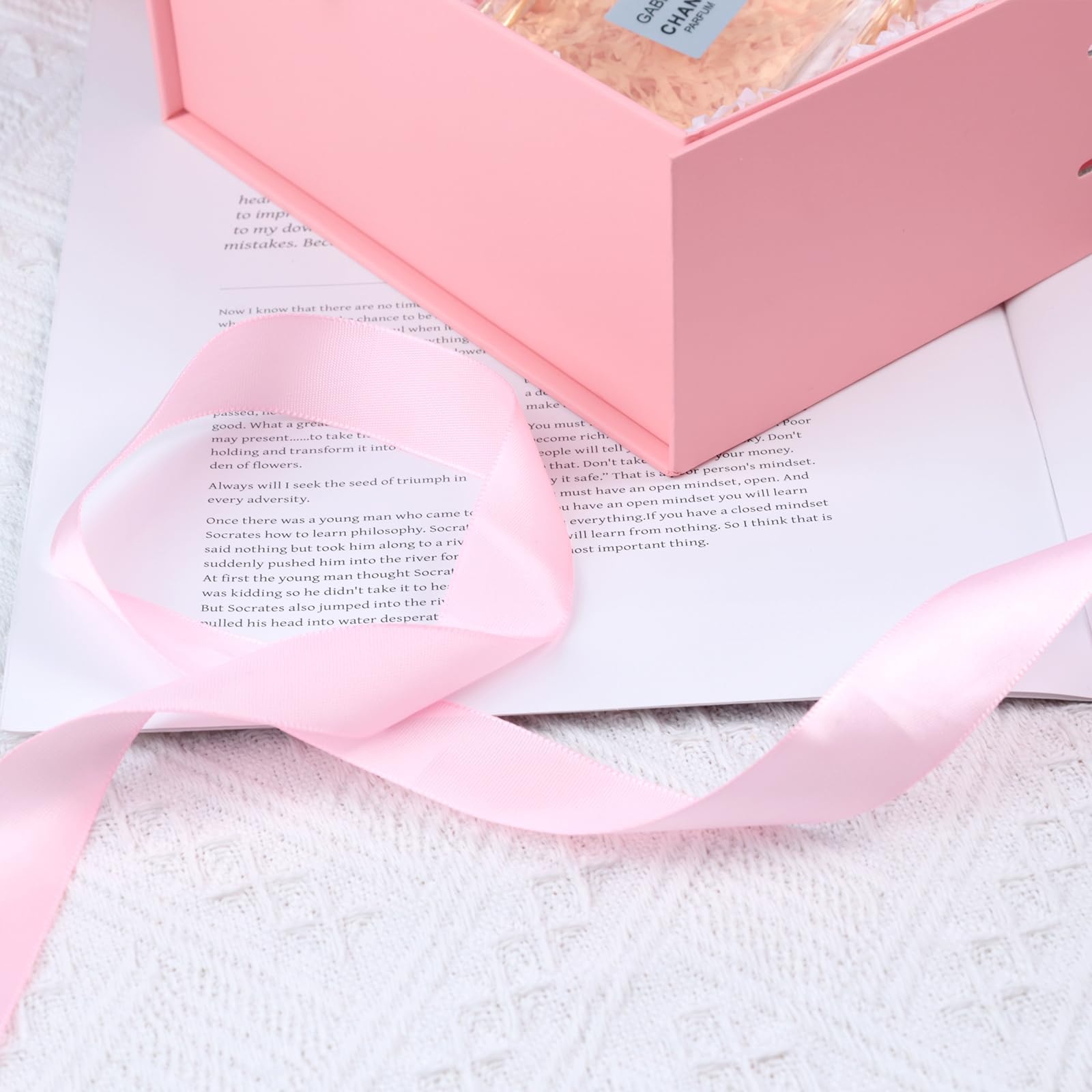 Shindel Pink Gift Box, 10.5x7.5x3.1 Inches Gift Box with Lid for Presents, Magnetic Gift Box with Ribbon, Bridesmaid Box with Lid Greeting Card