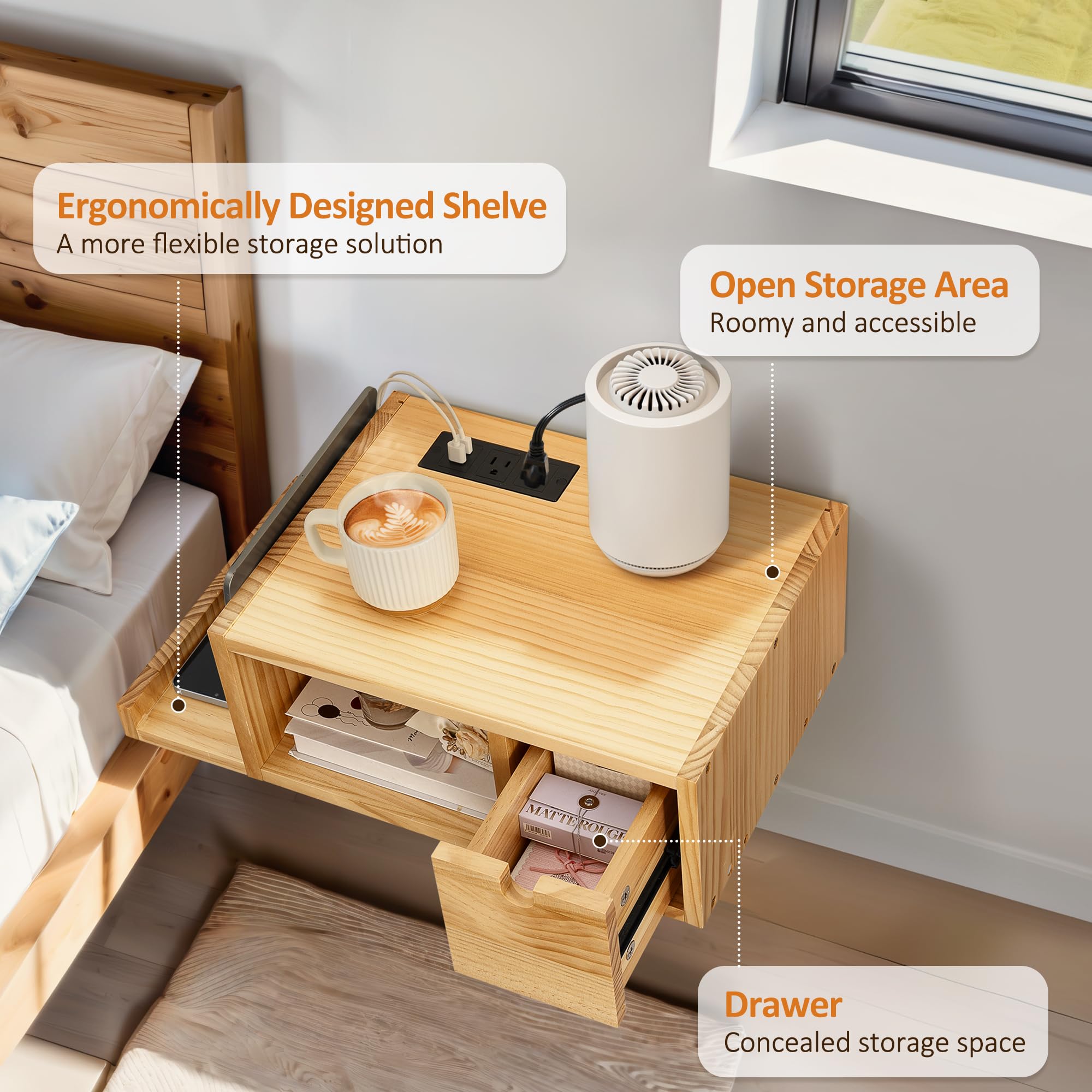 Afuly Floating Nightstand with Charging Station, Modern Night Stand with Drawer Wall Mounted Bedside End Table, Solid Wood Nightstand Side Table Shelf for Bedroom Natural Wooden Decor
