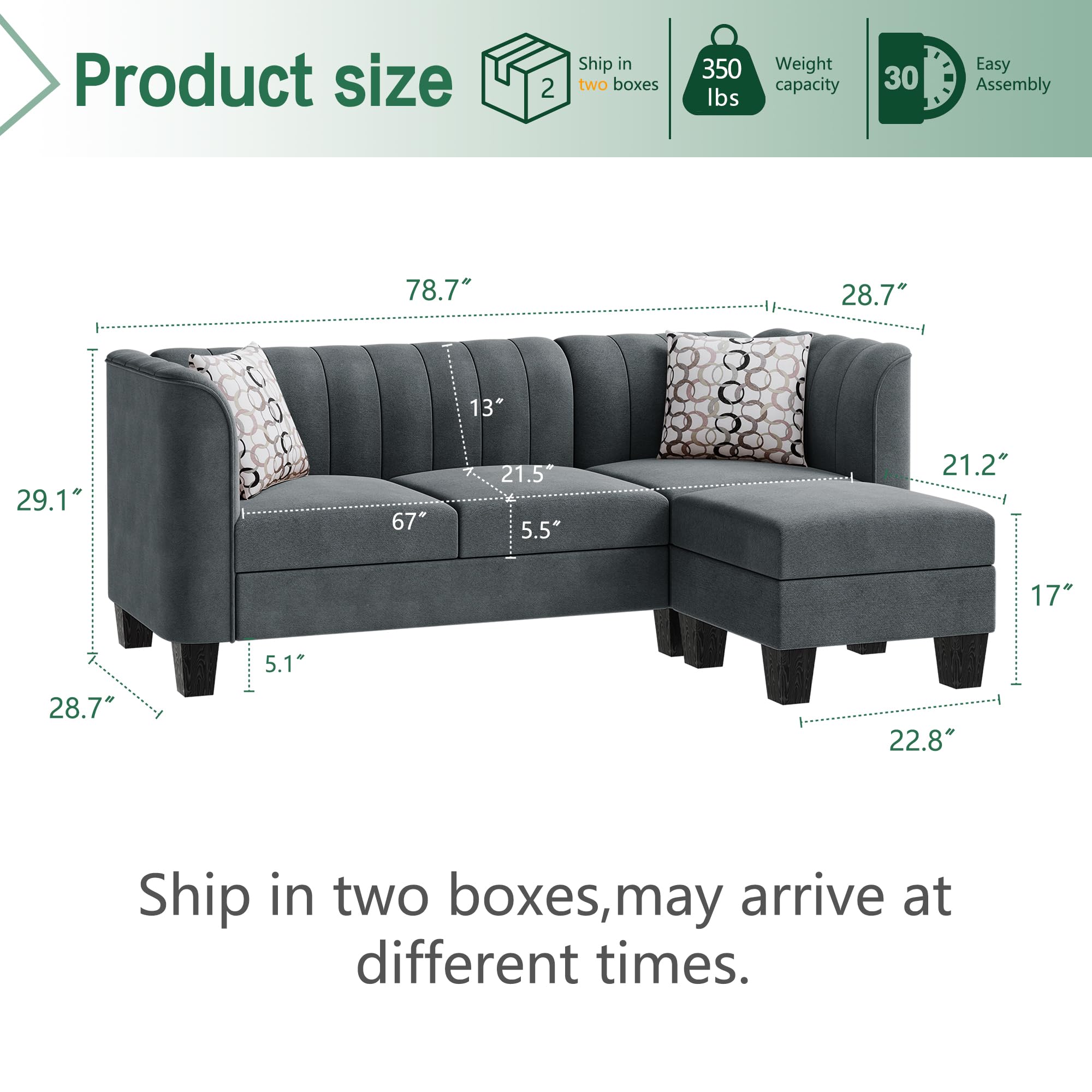Shintenchi Upgraded Convertible Sectional Sofa Couch, 3 Seat L Shaped Sofa with High Armrest Linen Fabric Small Couch Mid Century for Living Room, Apartment and Office (Dark Grey)