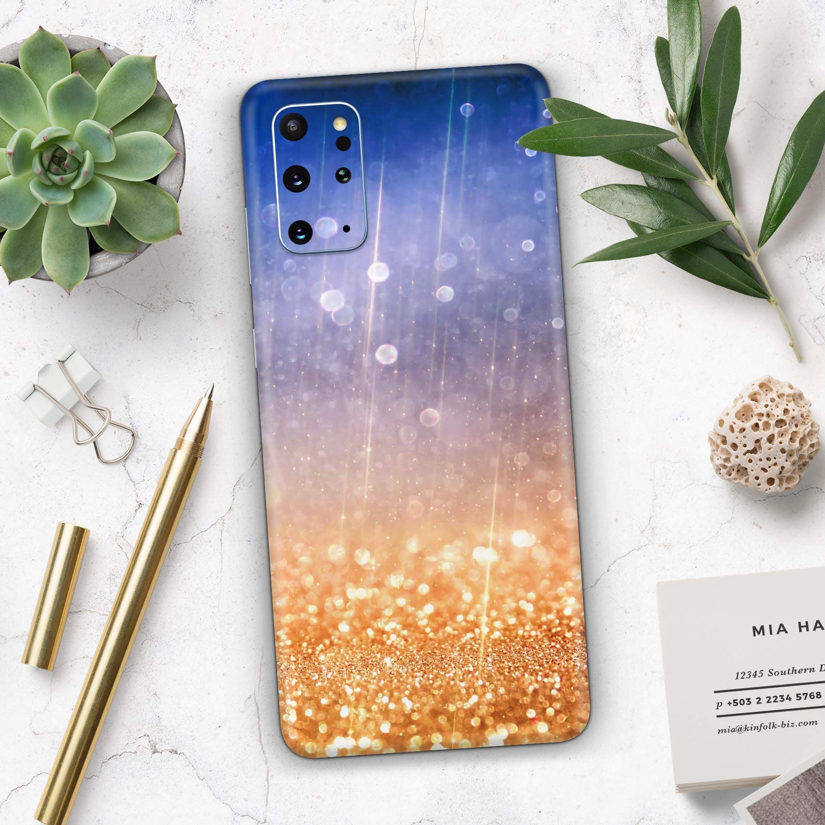 DesignSkinz Blue and Orange Scratched Surface with Glowing Gold Protective Vinyl Decal Wrap Skin Cover Compatible with The Samsung Galaxy S20 (Screen Trim & Back Glass Skin)