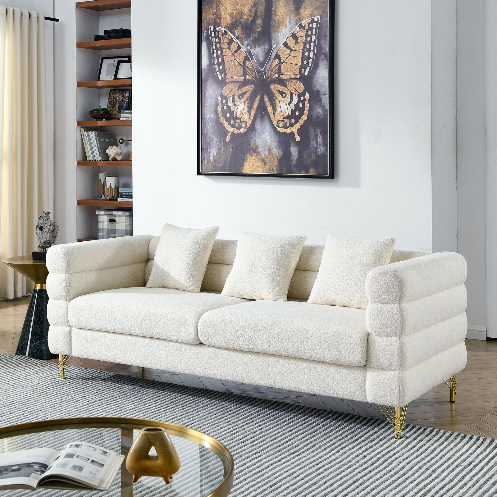 amervanito 81'' Oversized 3 Seater Sectional Sofa, Living Room Comfort Fabric Sectional Sofa - Deep Seating Sectional Sofa, Soft Sitting with 3 Pillows for Living Room,Bedroom,White Teddy