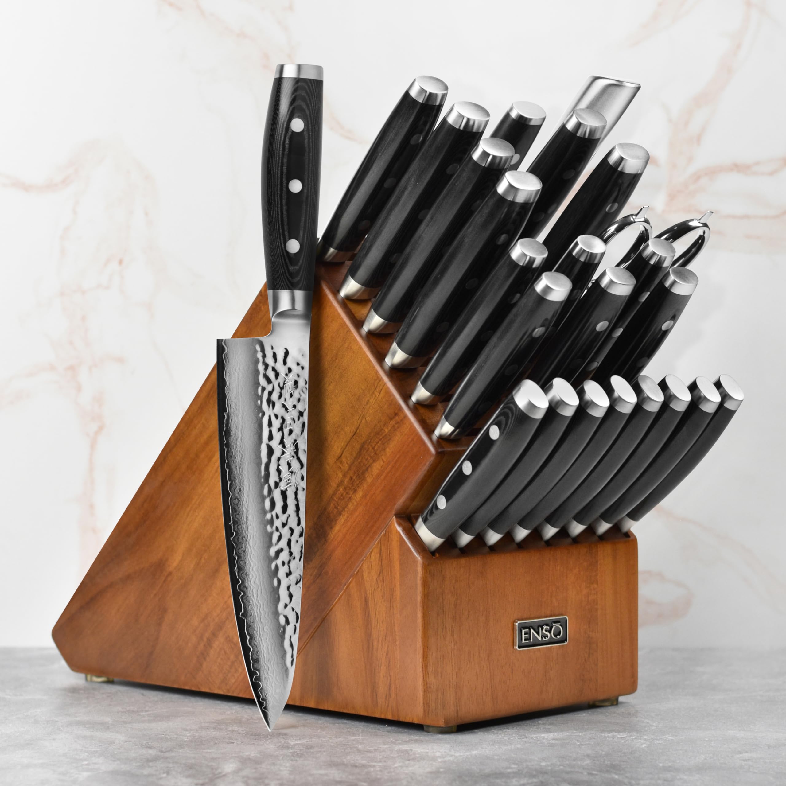 Enso Knife Set - Made in Japan - HD Series - VG10 Hammered Damascus Japanese Stainless Steel with Acacia Knife Block - 25 Piece