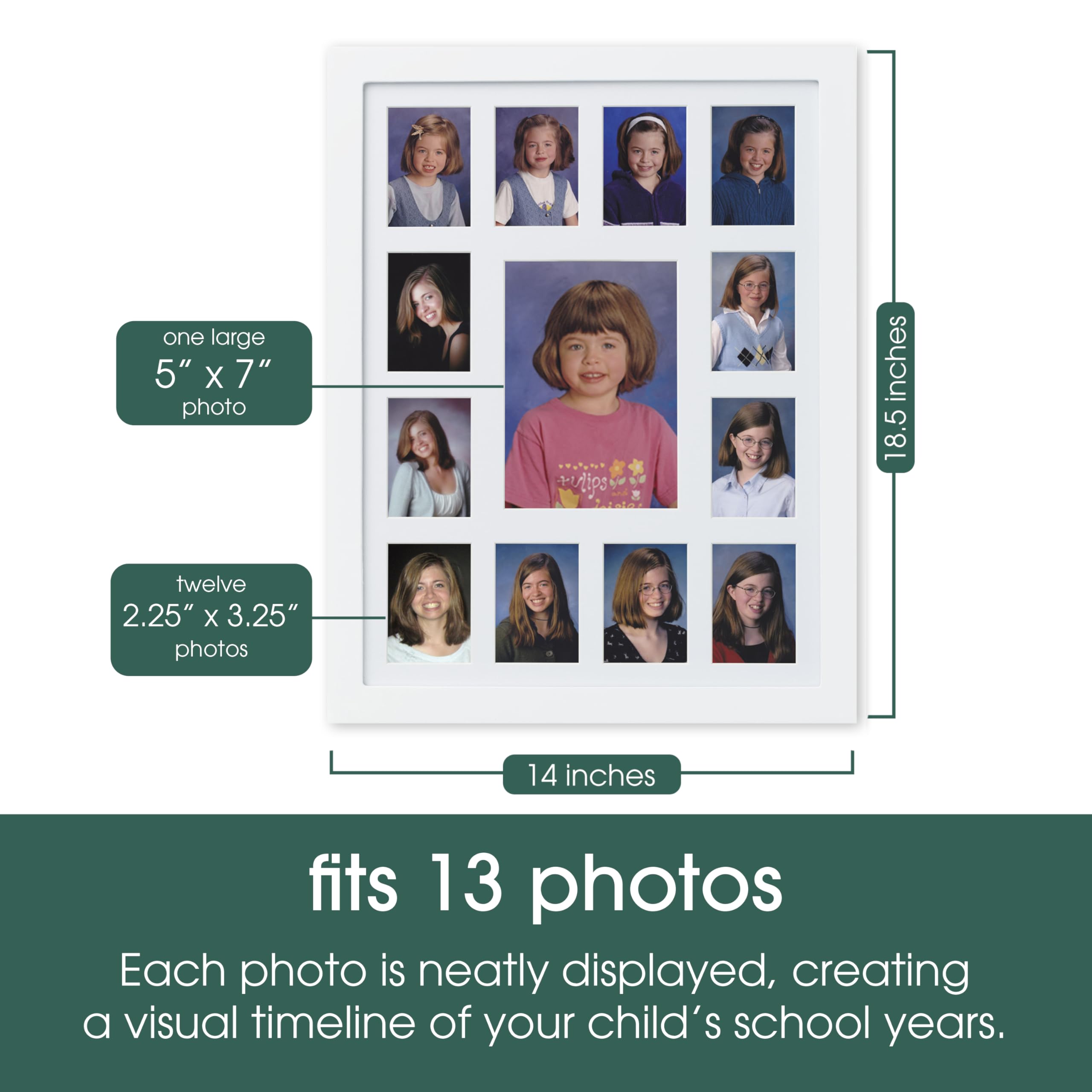Pearhead School Years Picture Frame K-12 Keepsake, Collage Wall Decor for Kindergarten to 12th Grade Graduation, Multi Photo Display, Ideal Graduation Gift, Fits 13 Wallet Size Photos - White
