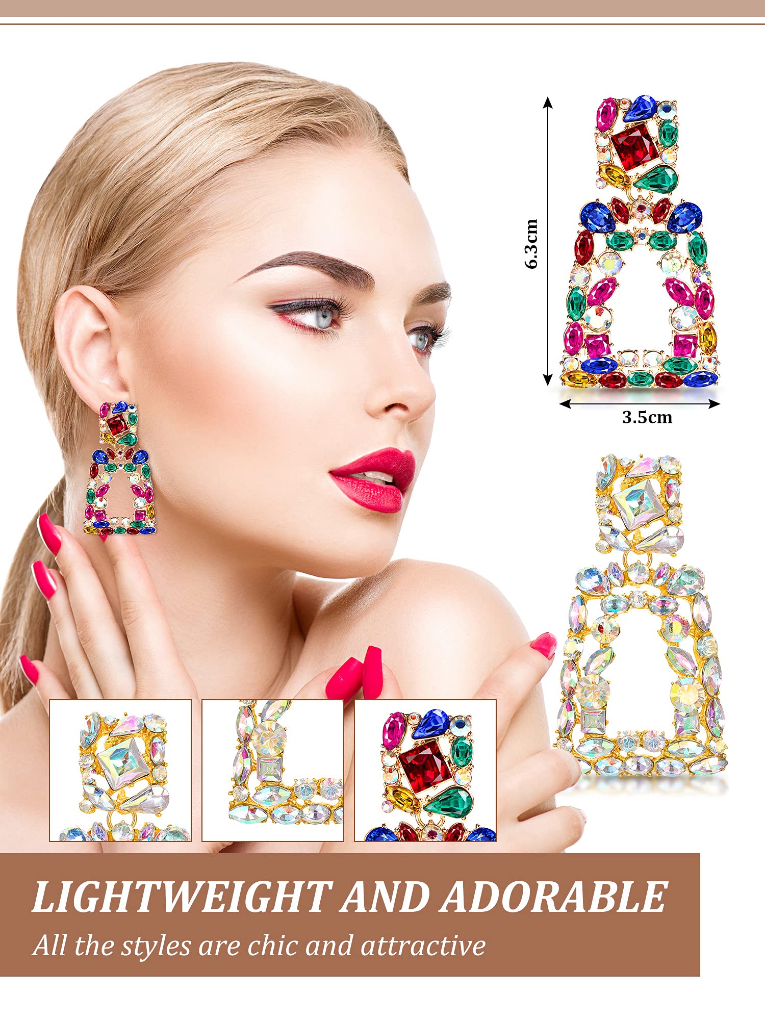 6 Pairs Rhinestone Rectangle Dangle Earrings Statement Geometric Drop Earrings Crystal Earrings Dangle Long Pearl Hoop Earrings for Women (Beautiful Style)