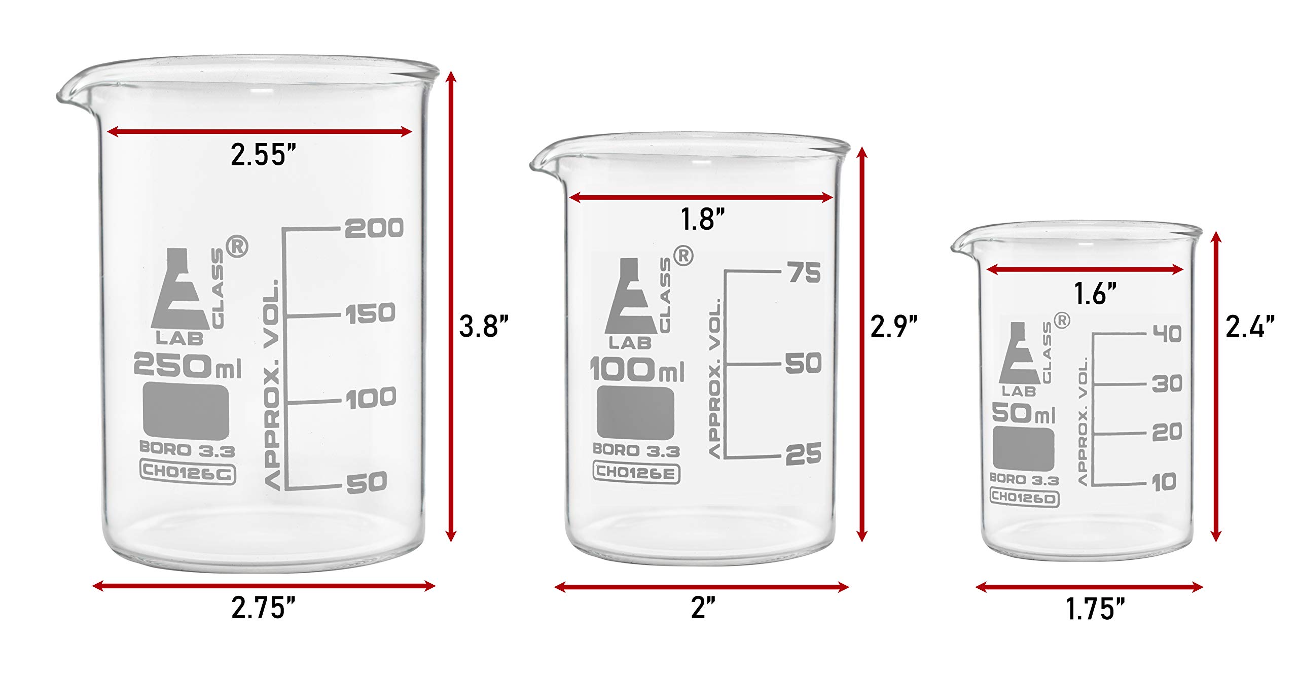 EISCO Premium 3pc Glass Beakers Set, 50mL, 100mL, 250mL - Low Form Lab Beakers - Borosilicate 3.3 Glass - Packaged in Thick, Custom-Fit Foam Insert
