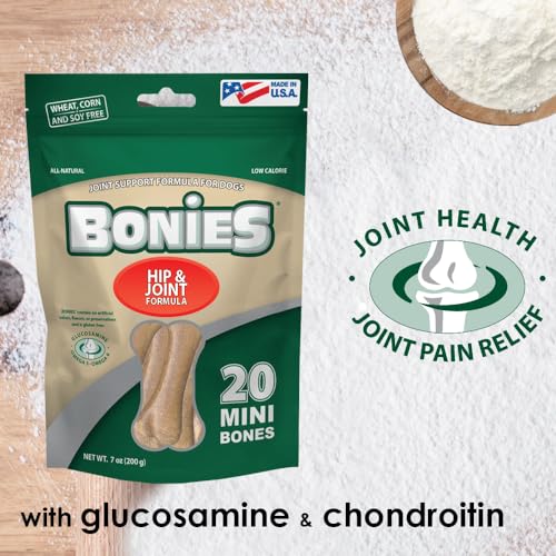 Bonies Hip and Joint Formula Treats for Dogs, Glucosamine and Omega Fatty Acids, Fresh Breath, Clean Teeth, Low Calories, Chicken Flavor, Mini, 20 Bones