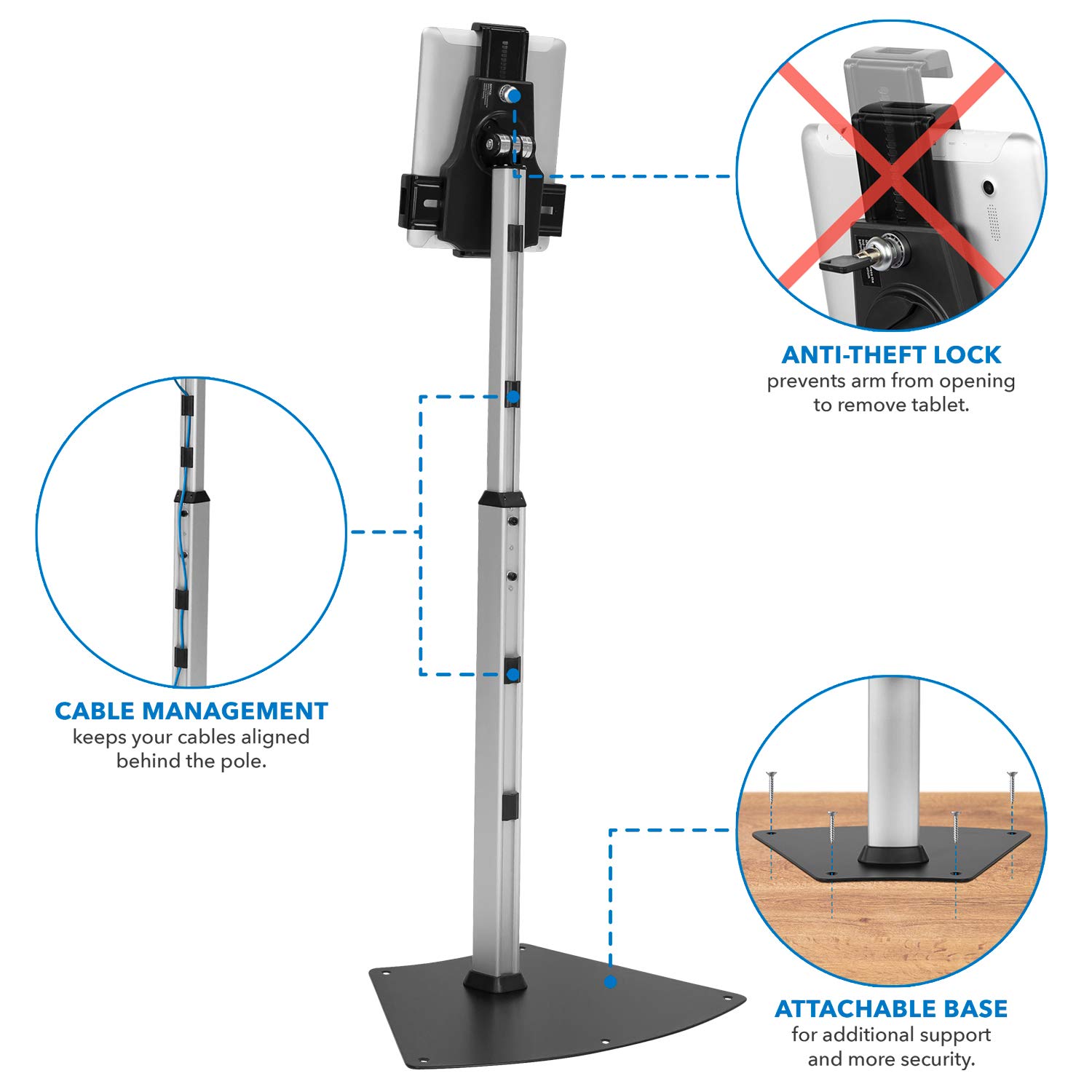 Mount-It! Anti-Theft Universal Tablet Floor Stand Kiosk – Height Adjustable Tablet Kiosk Floor Stand - Locking Tablet Mount Stand for iPad, Galaxy, Surface Go & Other 7.9"- 10.9" Tablets