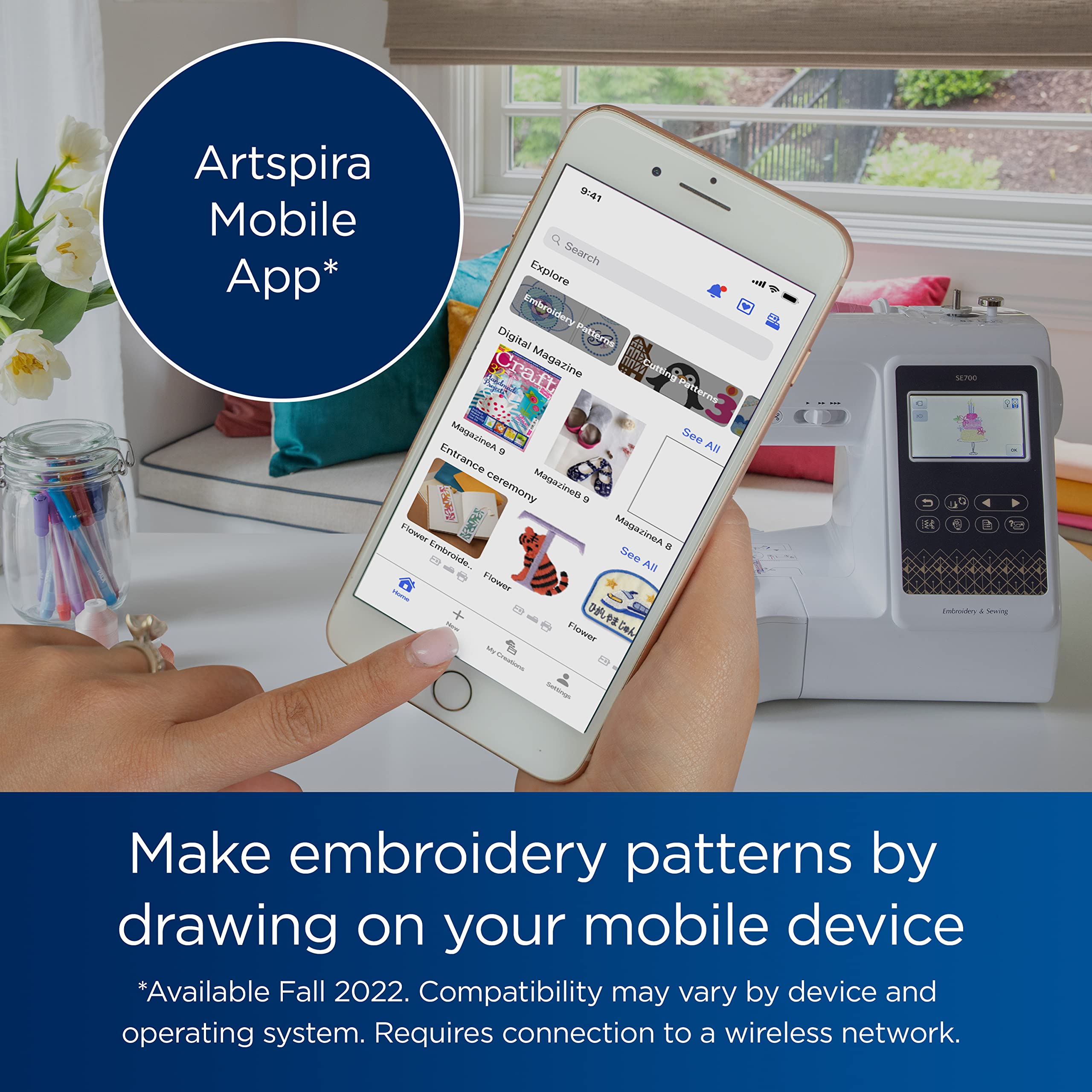 Brother SE700 Sewing and Embroidery Machine, Wireless LAN Connected, 135 Built-in Designs, 103 Built-in Stitches, Computerized, 4" x 4" Hoop Area, 3.7" Touchscreen Display, 8 Included Feet