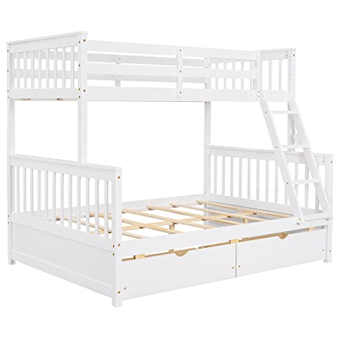 BIADNBZ Twin Over Full Bunk Bed with Two Drawers, Convertible Bunkbeds, Solid Wood Bedframe Furniture with Storage and Ladder, for Kids Teens Adults Bedroom, White