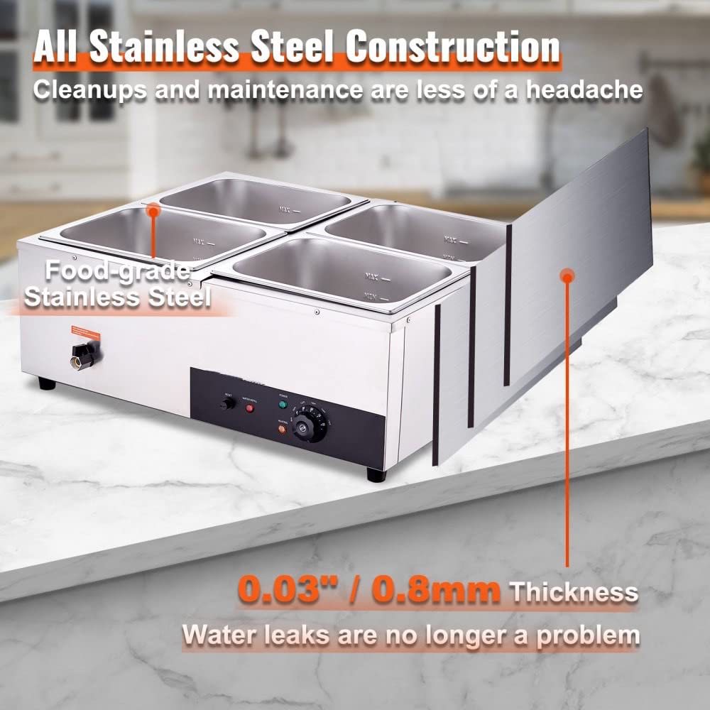 Commercial Food Warmer, 4-Pan Electric Steam Table with 12QT Pans, Stainless Steel Countertop Buffet Bain Marie