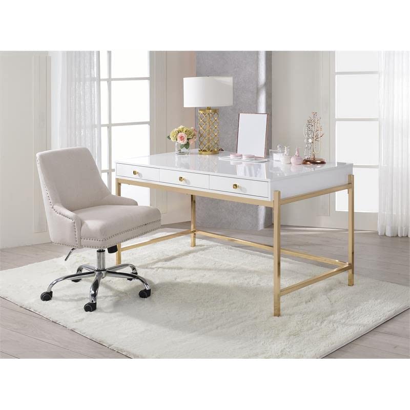 Acme Ottey Wooden Top Writing Desk with 3 Drawers in White High Gloss and Gold