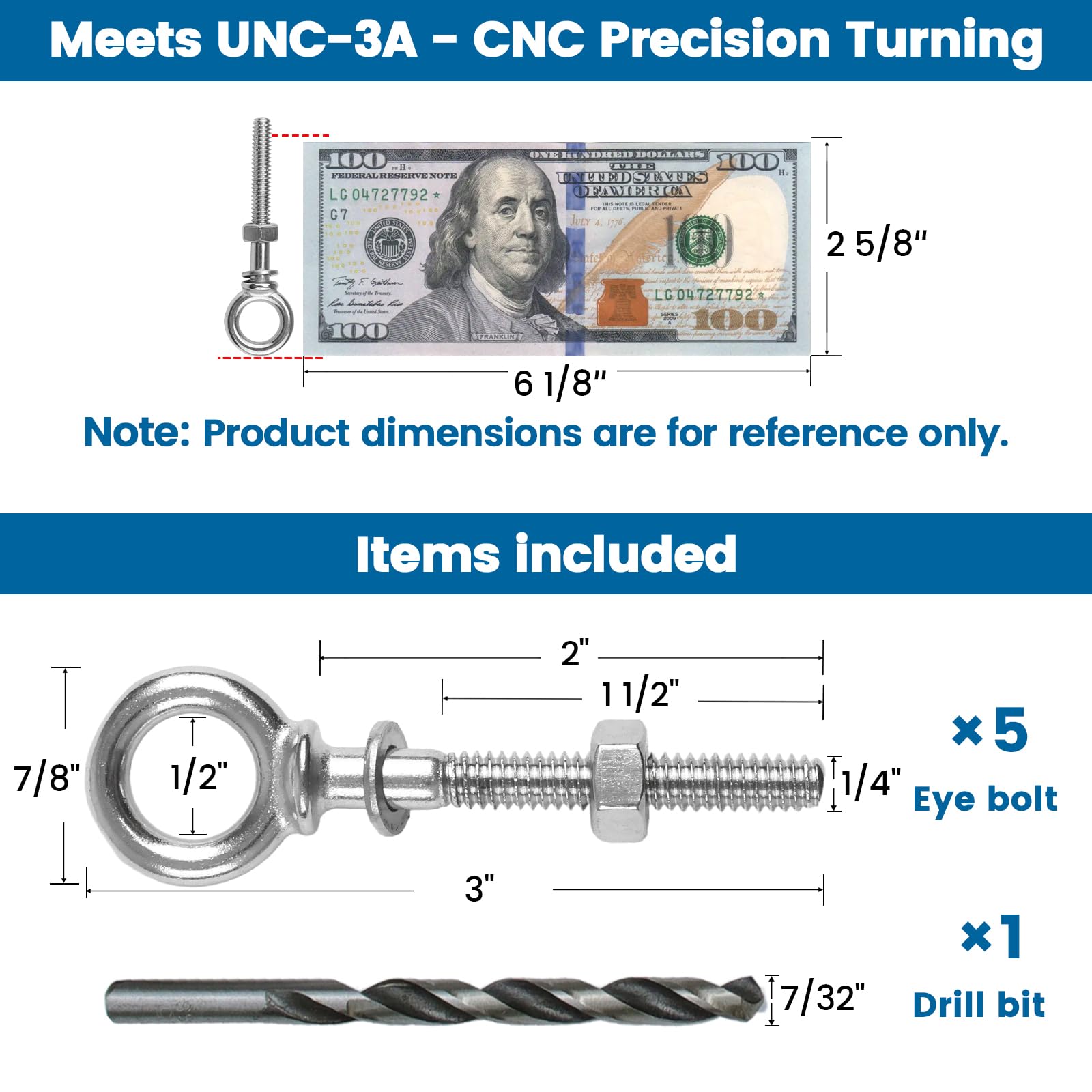 Muzata 5 Pack 1/4" x 2" Eye Bolt T316 Stainless Steel Eye Bolts with Nuts Washers Threaded Heavy Duty Shoulder Lifting Ring Total 3" Length Marine Grade UNC-3A CR31