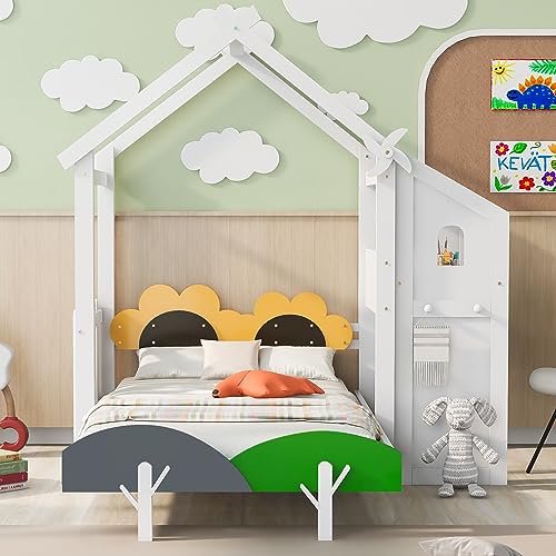 BIADNBZ Twin Size House Bed Frame with Desk and Two Handles, Wooden Platform Bedframe w/Windmill, Roof&Flower Decor, for Kids Boys Girls Bedroom, White