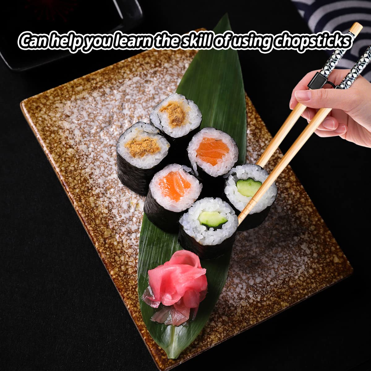 7 Pairs Reusable Training Chopsticks Helpers for Kids Adult Trainer Beginner Learner, Japanese Bamboo Chopsticks and Non-Slip Connector Set, Dishwasher Safe, L8.86Inch (3.Glaze print)