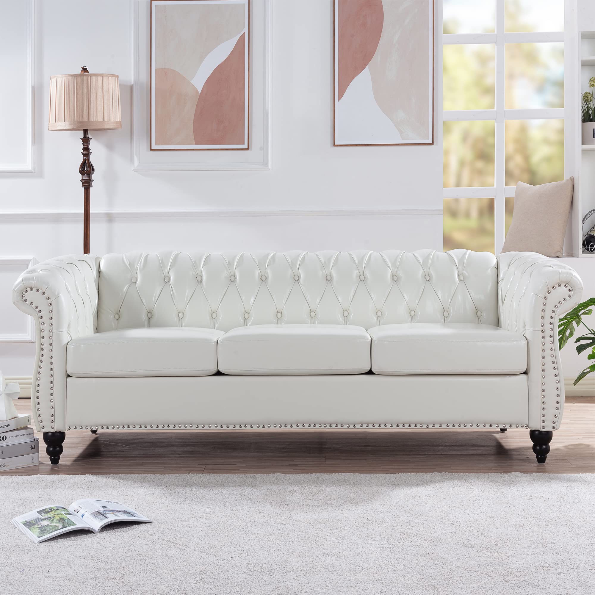 LEVNARY Chesterfield Sofa, Classic Tufted Upholstered Leather Couch, Modern 3 Seater Couch Furniture with Tufted Back for Living Room Office (Cream White)