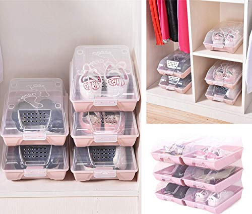 YEAVS 6 Pack Storage Shoe Box Stackable, Thickened Clear Plastic Shoes Containers, Sneaker Organizer Bins with Lids (Pink)
