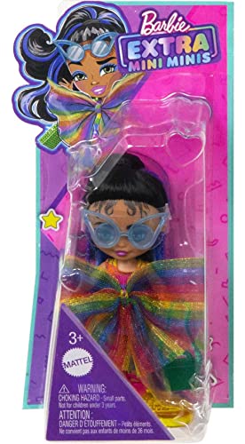 Barbie Extra Mini Minis with Blue-Streaked Black Ponytail Wearing Rainbow Dress & Accessories & Stand, 3.25-inch