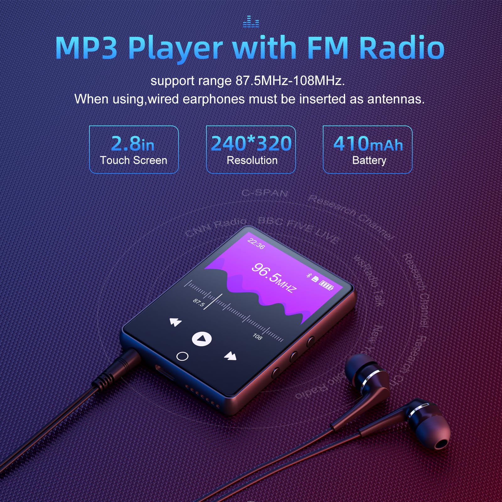 64GB Mp3 Player with Bluetooth 5.3, 2.8" Full Touch Screen Music Player, Portable Digital Lossless Media Player with FM Radio Speaker for Kids, Up to 128GB, Protective Case Headphones Included