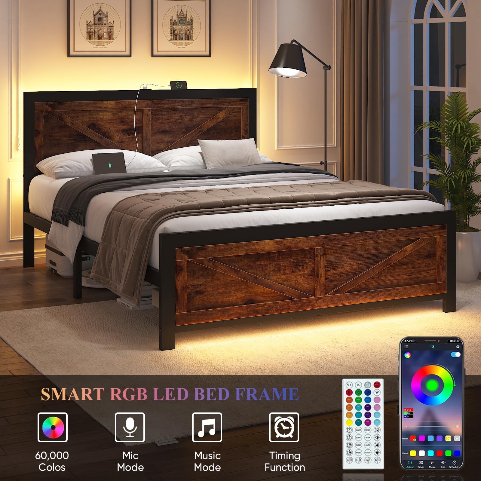 DOGIBIXO Led Bed Frame King Size with Charging Station, Industrial Platform Bed Frame with Rustic Barn Door Wood Headboard, Strong Metal Slats Support, Noise Free, No Box Spring Needed, Brown