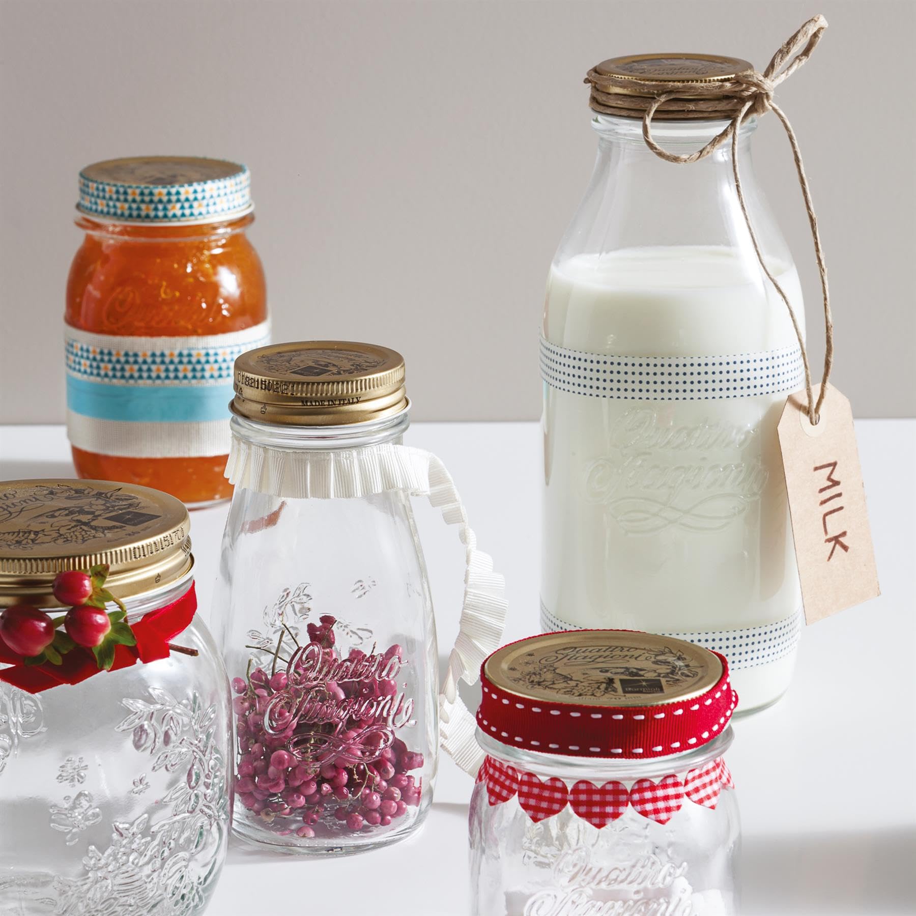 Bormioli Rocco Quattro Stagioni, Glass Canning Jar and Drinking Bottle, 13.5 Oz. with Gold Metal Airtight Lid, Made in Italy.