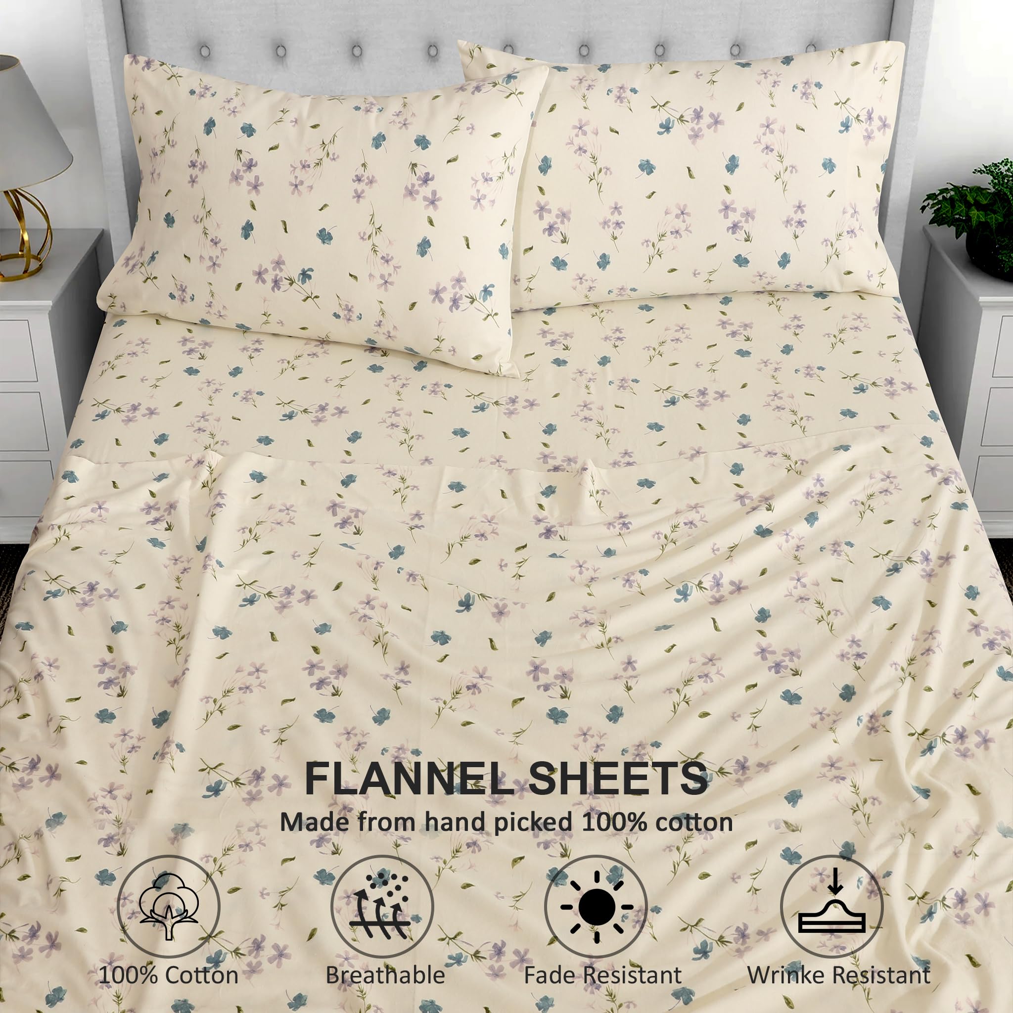 RUVANTI Flannel Sheets Twin Size - 100% Cotton Double Brushed Twin Sheets Set, Deep Pockets 16 Inches, All Seasons Breathable & Extra Soft Bed Sheets, Warm & Cozy, 3 Piece, Jasmine Stamp Cream
