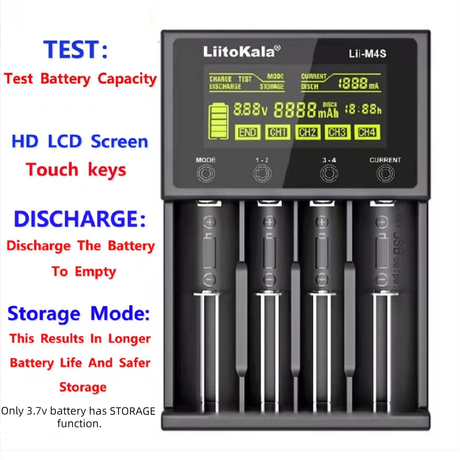 4-Bay 18650 Battery Charger,Test Battery Capacity,Touch Button,Universal Battery Charger for: 3.7V 26650 20700 18650 18350 1.2V NiMH/Cd AA AAA Size Batteries