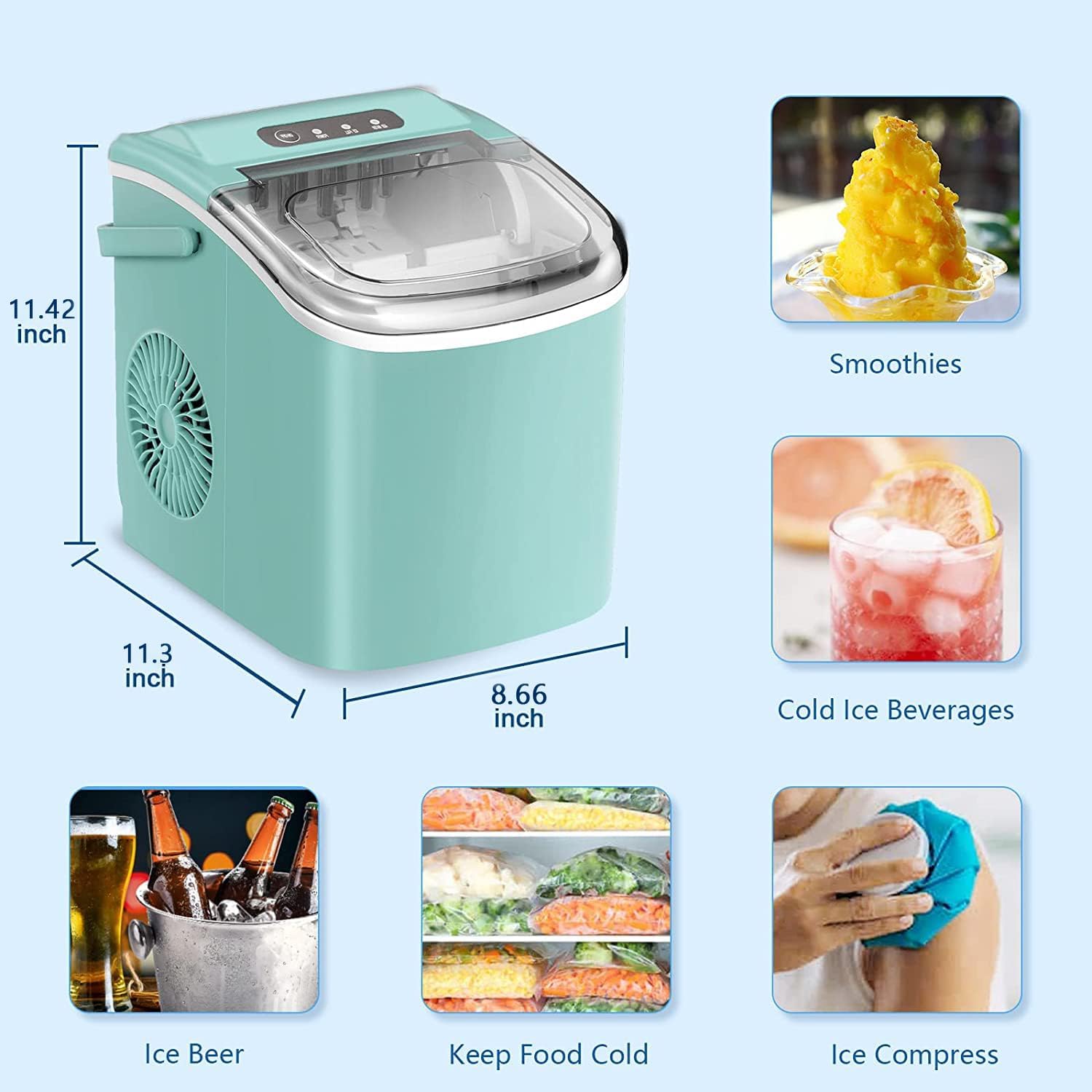 Antarctic Star Countertop Ice Maker Portable Ice Machine with Handle,Self-Cleaning Ice Makers, 26Lbs/24H, 9 Ice Cubes Ready in 6 Mins for Home Kitchen Party Bar Green