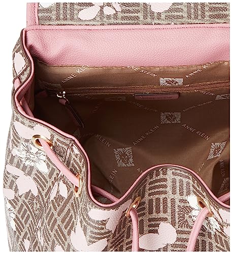 Anne Klein Flap Backpack with Floral Overlay, Cream-Brown Multi/Vintage Pink