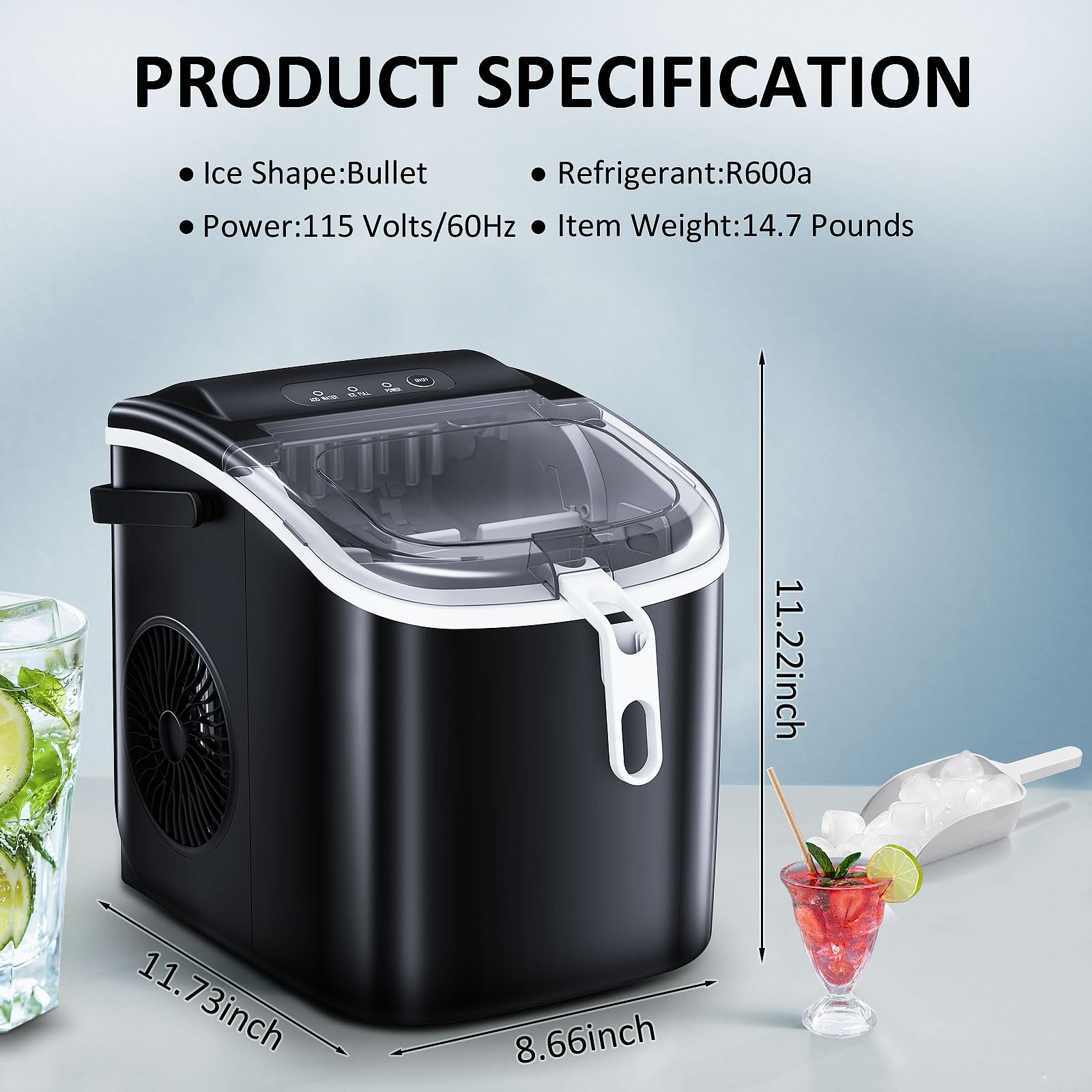 Antarctic Star Countertop Ice Maker Portable Ice Machine, Basket Handle,Self-Cleaning Ice Makers, 26Lbs/24H, 9 Ice Cubes Ready in 6 Mins, S/L ice, for Home Kitchen Bar Party (Black)