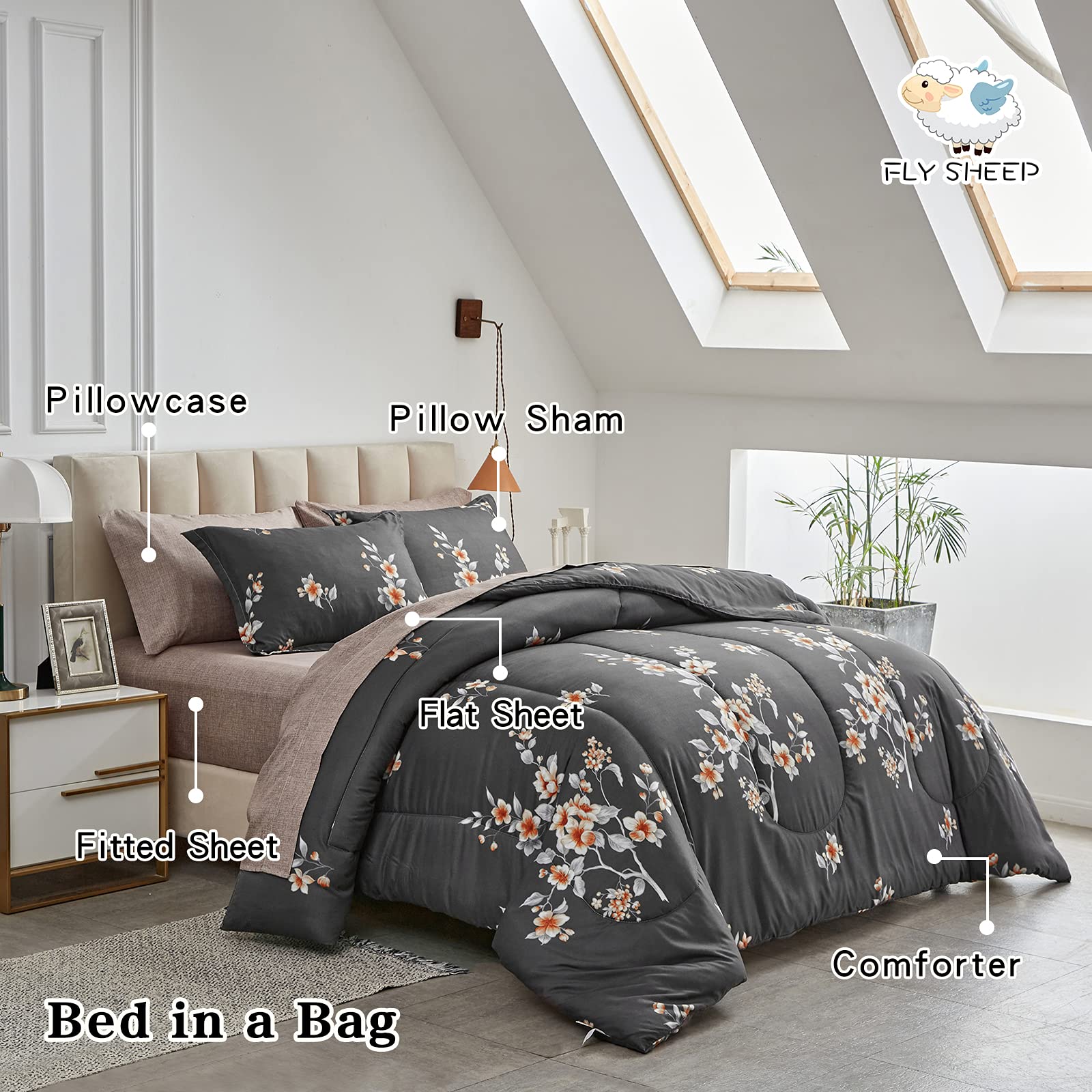 7 Pieces Bed in a Bag Queen Comforter Set with Sheets, Dark Grey Floral Design Soft Microfiber Bedding Sets for All Season (1 Comforter, 2 Pillow Shams, 1 Flat Sheet, 1 Fitted Sheet, 2 Pillowcases)
