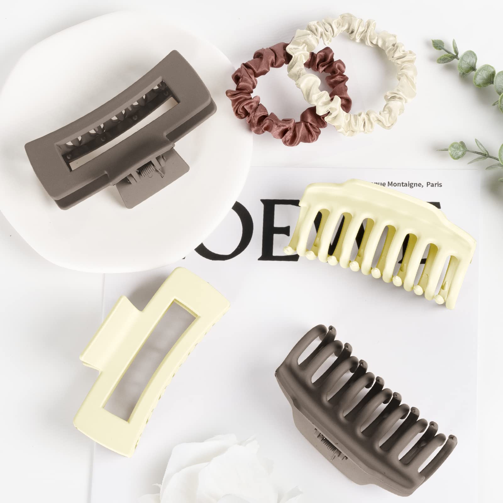 Amazer Hair Clips, Claw Clips for Thick Hair, Big Women Long 4 Pack Neutral Matte and Extra 2 Scrunchies Suitable All Hairstyle