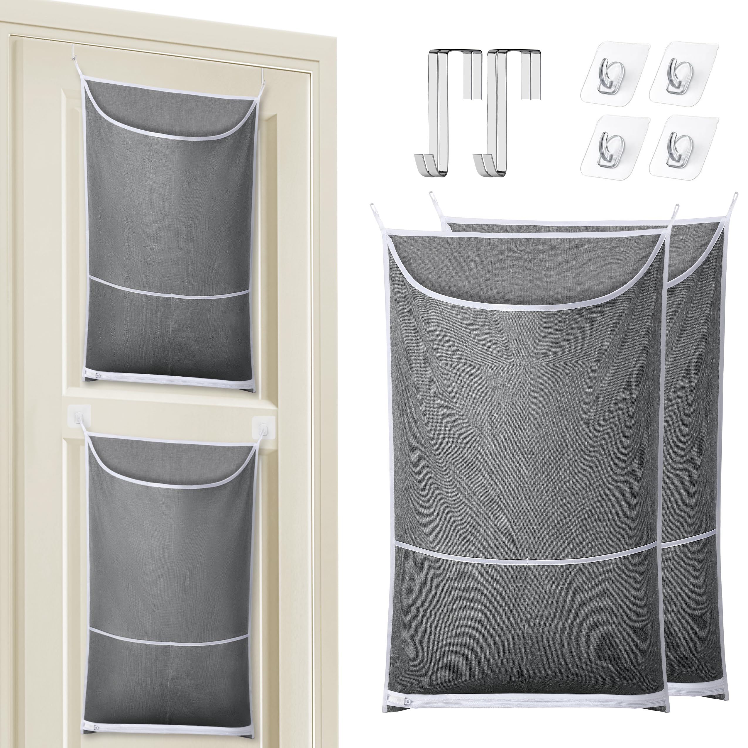 coastal rose Large Hanging Laundry Hamper with Hooks and Adhesive, Space Saving Laundry Bag with Zipper and Wide Open Top for Dirty Clothes Organizer,Door Hanging Hamper for Laundry,Grey,2 Pack