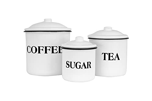 Creative Co-Op Farmhouse Enameled Metal Containers with "Coffee", "Tea", and "Sugar" Messages, White and Black, Set of 3 Sizes