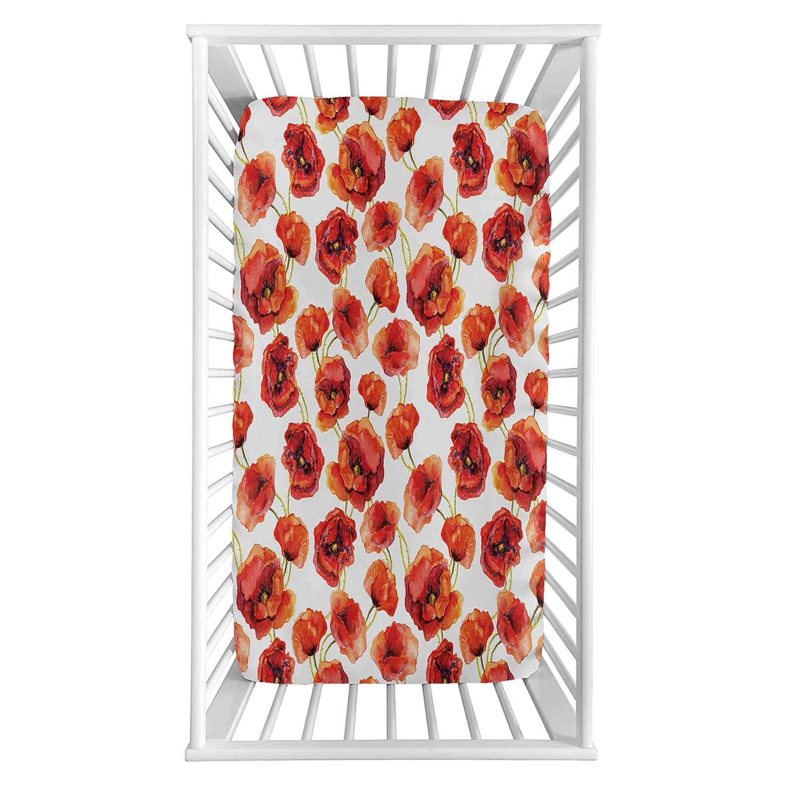 Lyzelre Flower Fitted Crib Sheet,Floral Pattern with Poppies Fabric Design Style Artwork Grassland Print Microfiber Silky Soft Toddler Mattress Sheet Fitted,28"x 52"x 8'',Baby Sheet for Boys Girls