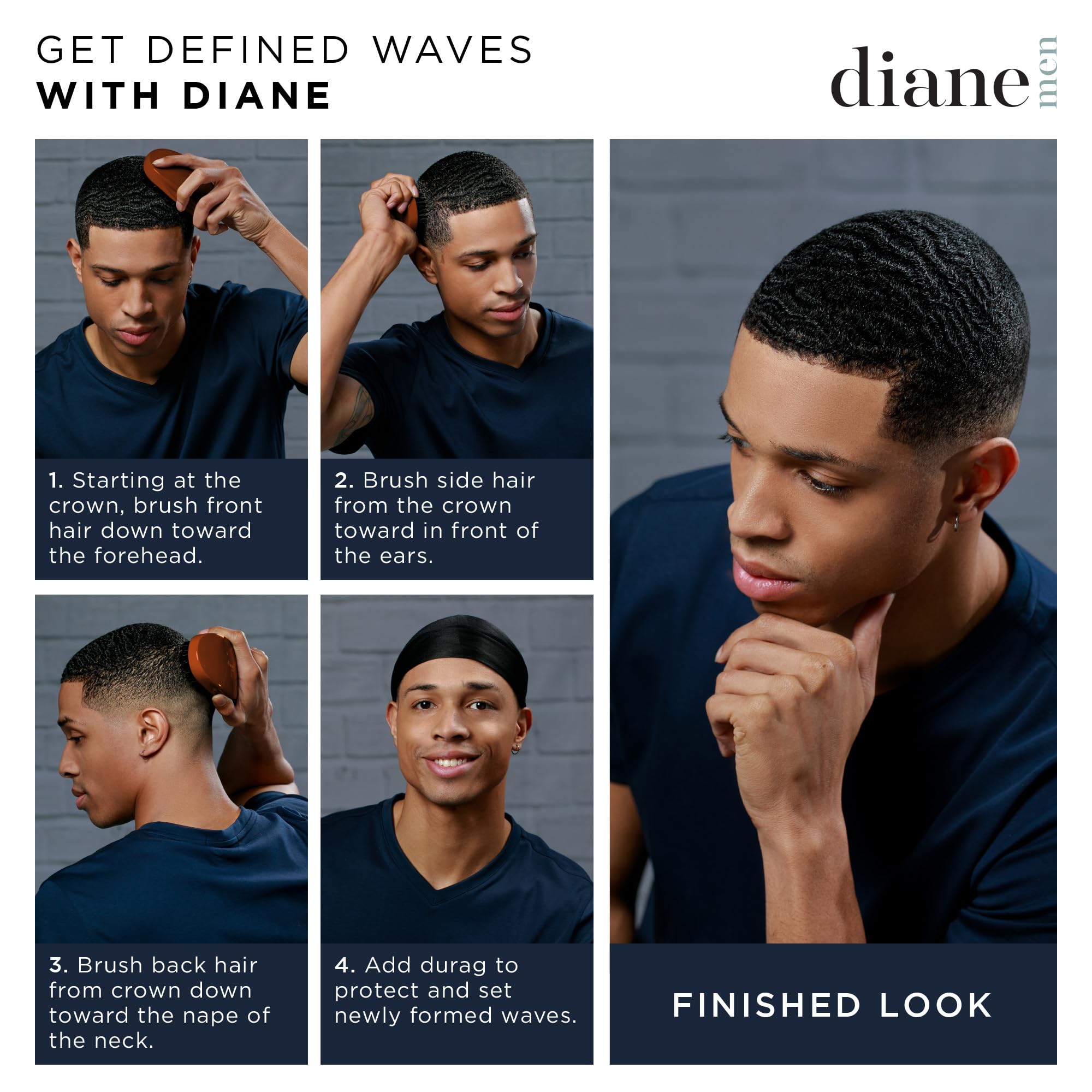 Diane Premium 100% Boar Bristle 7 Row Wave Brush for Men and Barbers, Medium-Firm Bristles for Thick Coarse Hair, Detangling, Smoothing