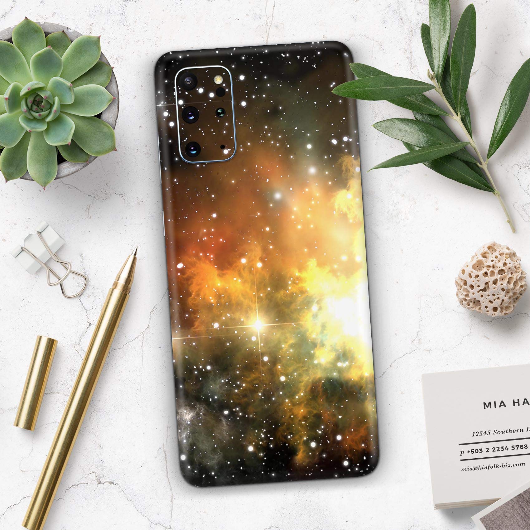 DesignSkinz Glowing Gold & Black Nebula Protective Vinyl Decal Wrap Skin Cover Compatible with The Samsung Galaxy S20 (Screen Trim & Back Glass Skin)