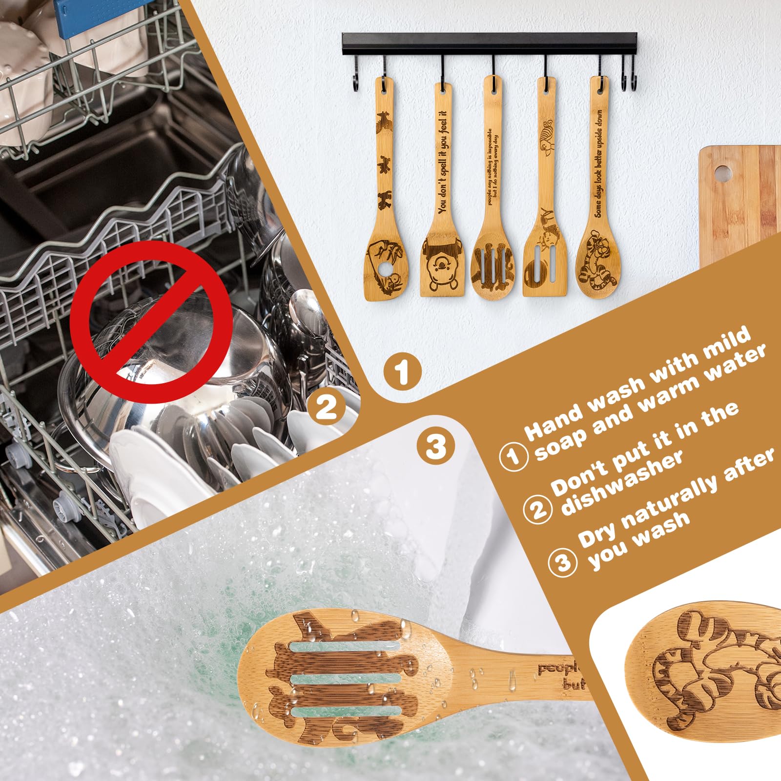 6 PCS Bamboo Cooking Kitchen Utensils Set - Cute Bear Slotted Wooden Spatula for Kitchen Decor - Cookware Gifts for Women - Wooden Spoons for Cooking - 3D Engraved Patterns